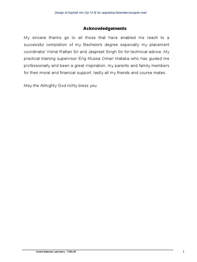 Acknowledgements: Design of Asphalt Mix (SP 12.5) For Upgrading Mpemba ...