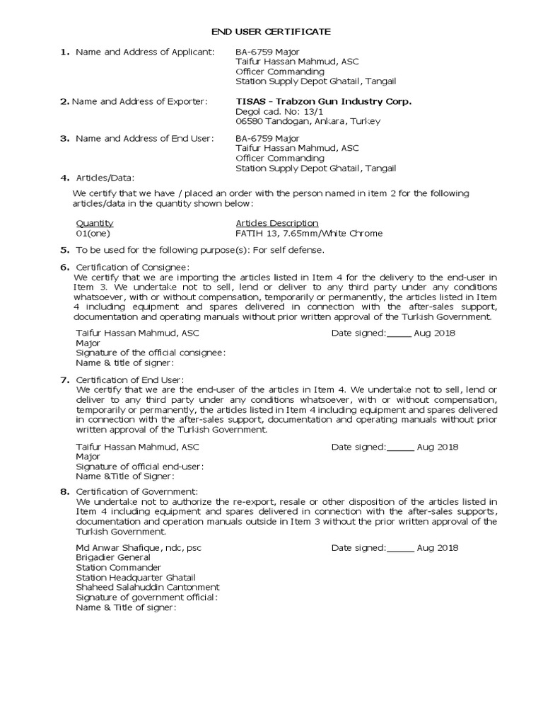 End User Certificate for Firearms Import | PDF | Government | Computing