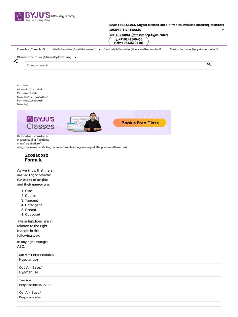 2cosacosb Formula and Other Trigonometric Formulas | Download Free PDF ...