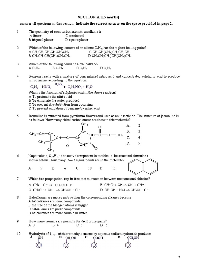 Organic Chemistry Test 1: Alkanes, Halogenoalkanes, Alkenes, Aromatic ...