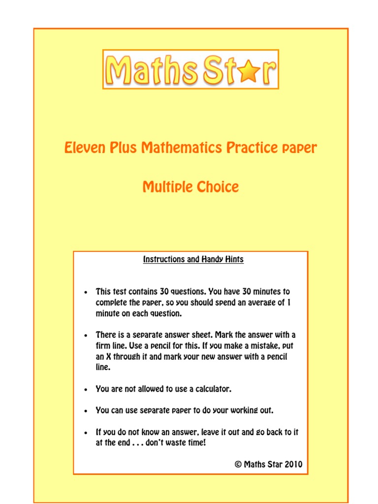 11 Plus Sample Maths Paper | PDF | Multiplication | Percentage