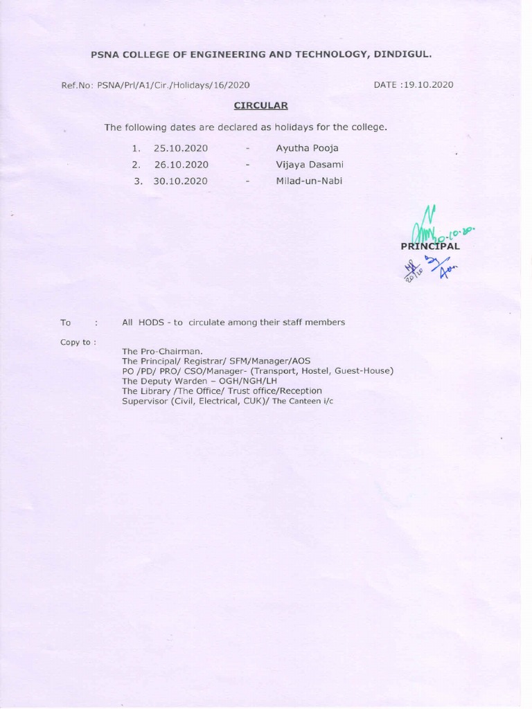 Pooja Holidays Circular | PDF