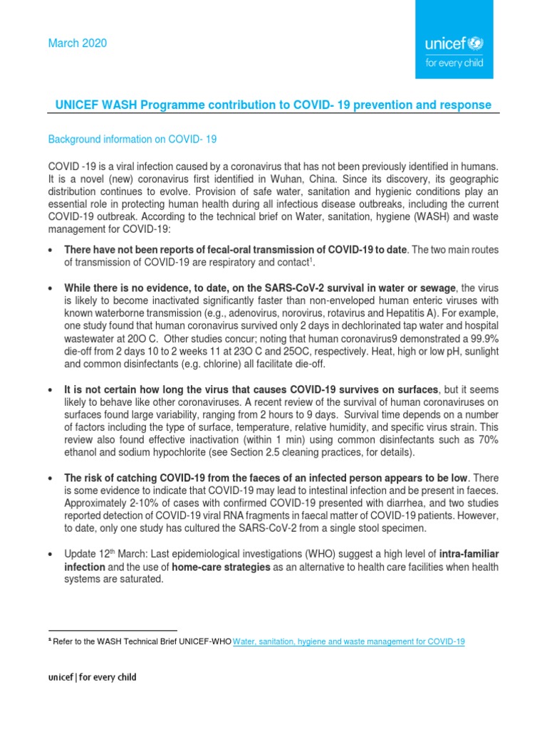 UNICEF WASH Response to COVID-19 | PDF | Wash | Transmission (Medicine)