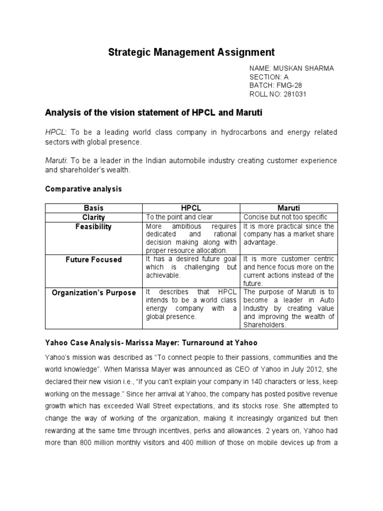 Strategic Management Assignment: Analysis of The Vision Statement of HPCL and Maruti | PDF ...