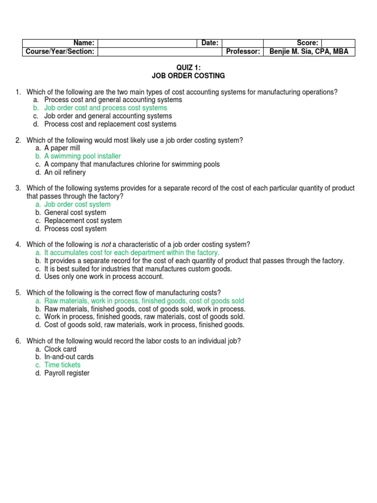 Answer Q1 Job Order Costing | PDF | Inventory | Accounting