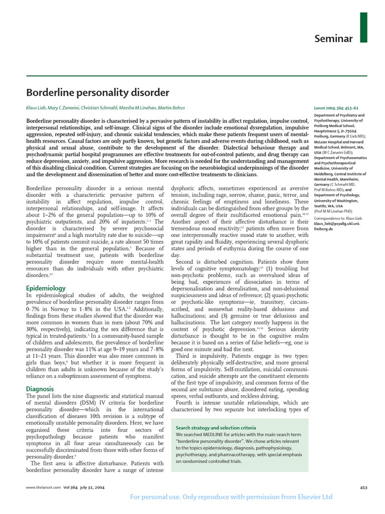 Borderline Personality Disorder (Lieb Et Al, 2004) PDF | PDF | Borderline Personality Disorder ...