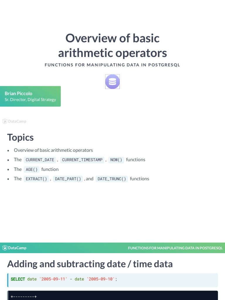 PostgreSQL Date Functions Overview | PDF | Postgre Sql | Data Management