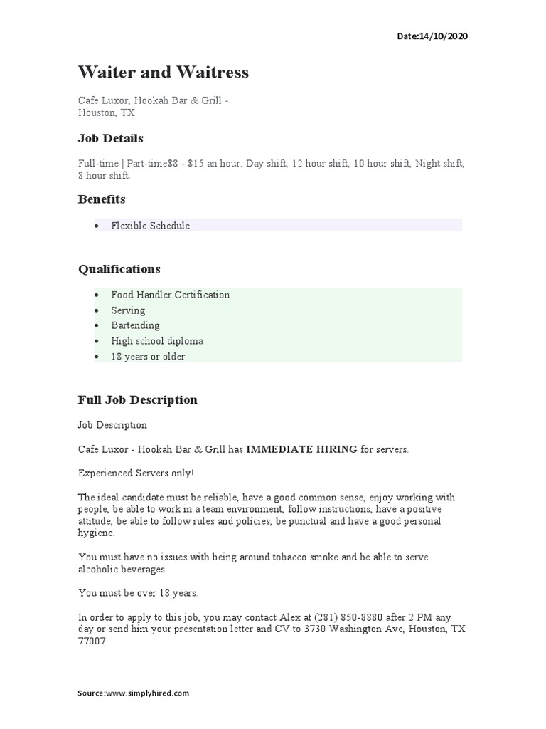 Waiter and Waitress - Job Ad | PDF | Waiting Staff | Restaurant And ...
