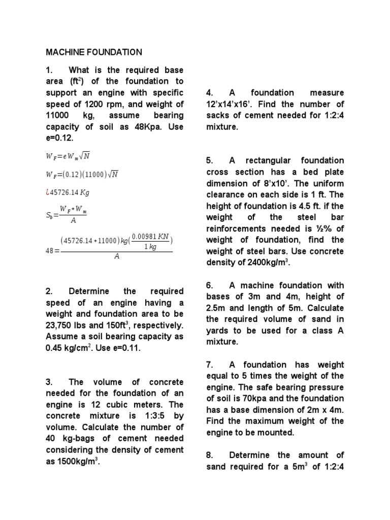 Machine Foundation Design Calculations | PDF | Density | Concrete