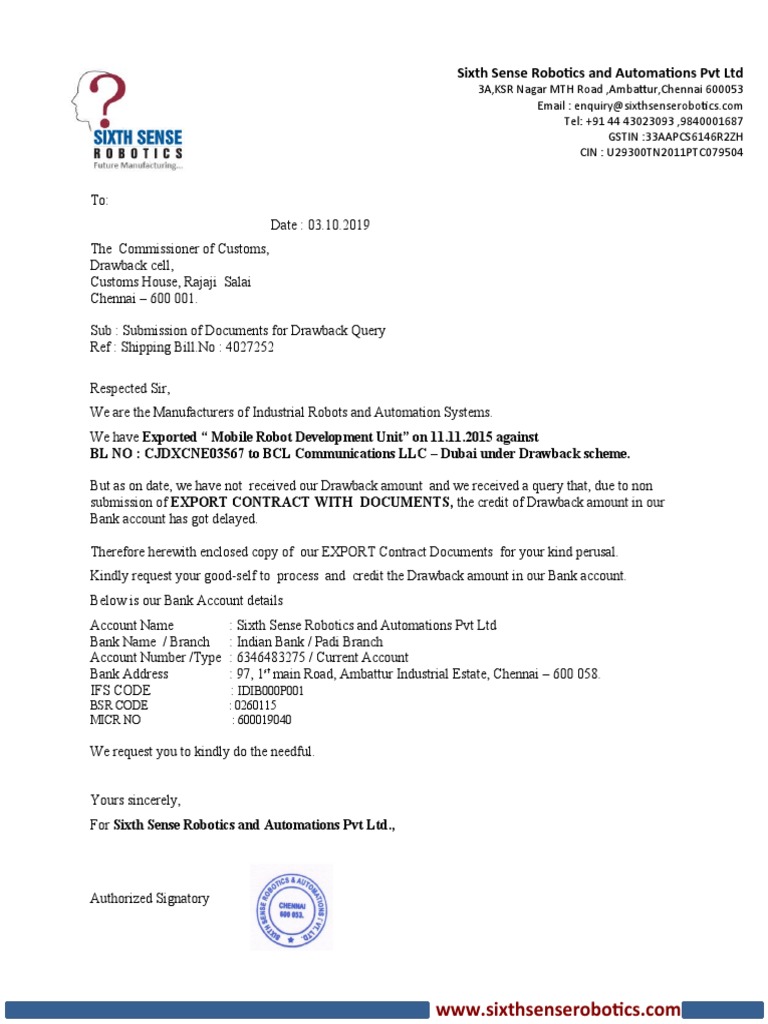 Drawback Letter | PDF | Financial Services | Banking