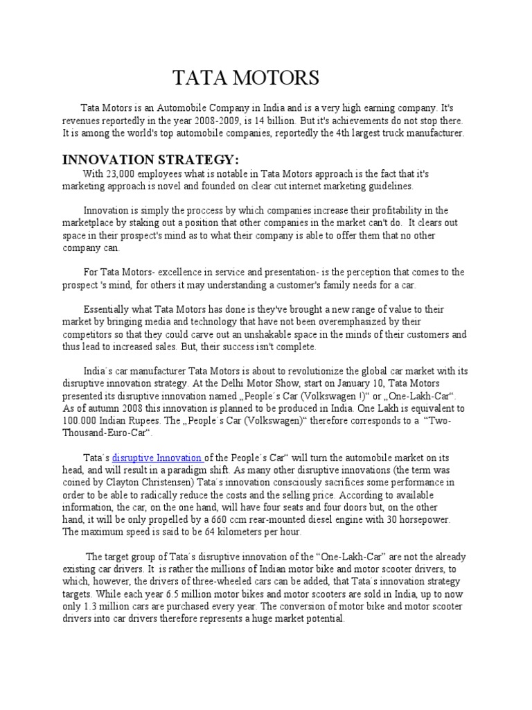 Tata Motors: Innovation Strategy | PDF | Car | Innovation