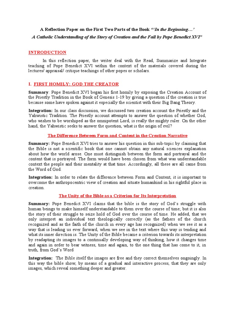 A Reflection Paper: A Catholic Understanding of The Story of Creation ...