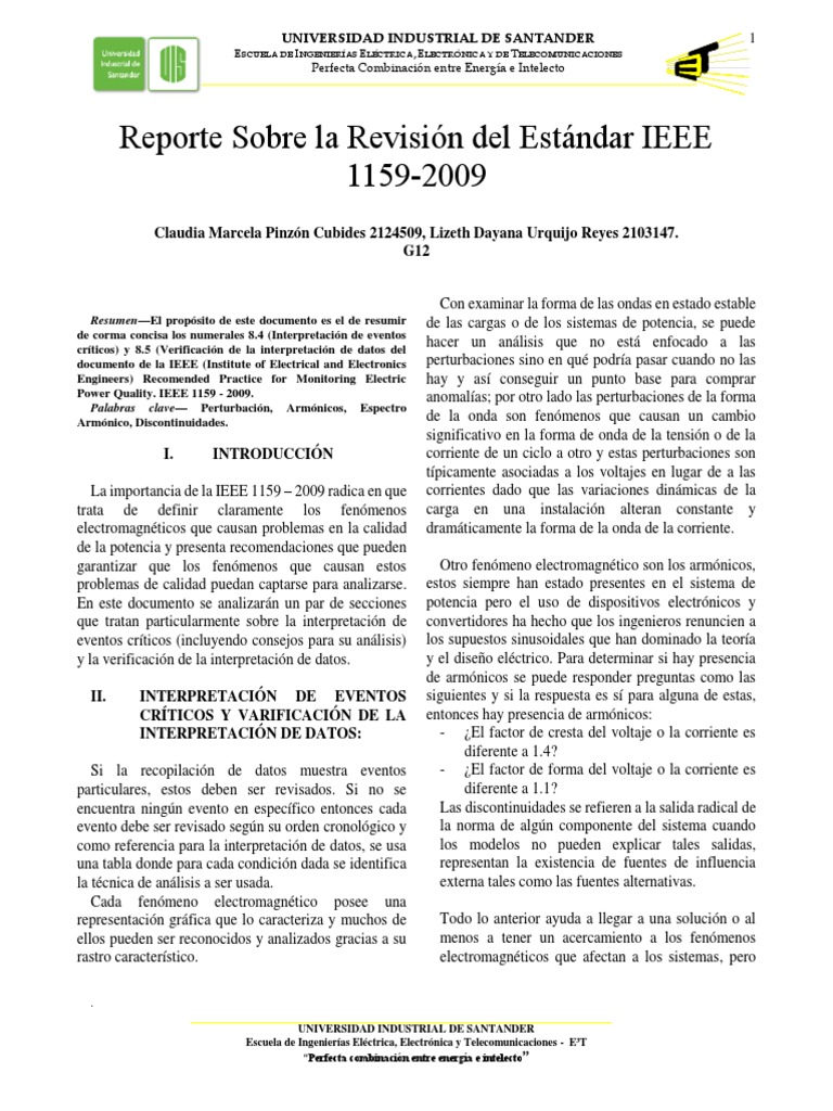 G12 - Reporte Ieee 1159 PDF | PDF | Instituto de Ingenieros Eléctricos ...
