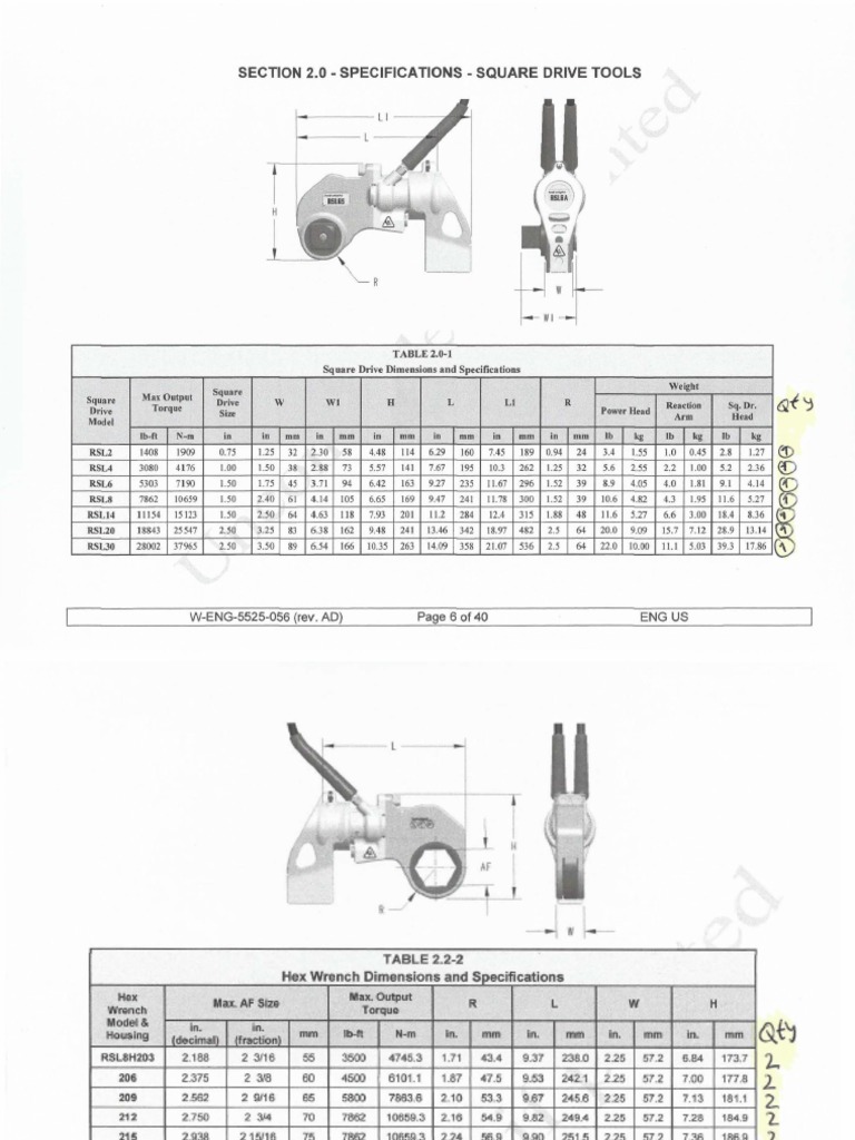 Section 2.0 - Specifications Square Drive Tools: W ENG-5525-056 AD ...