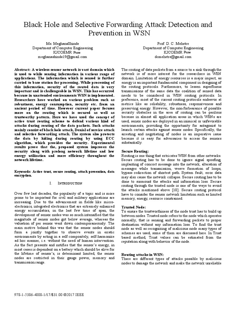 Black Hole and Selective Forwarding Attack Detection and Prevention in WSN 2017 | PDF | Wireless ...