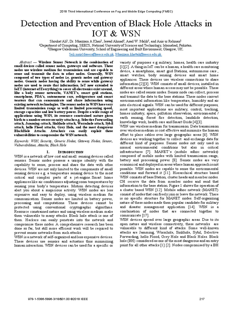 Detection and Prevention of Black Hole Attacks in IOT and WSN 2018 | PDF | Wireless Sensor ...