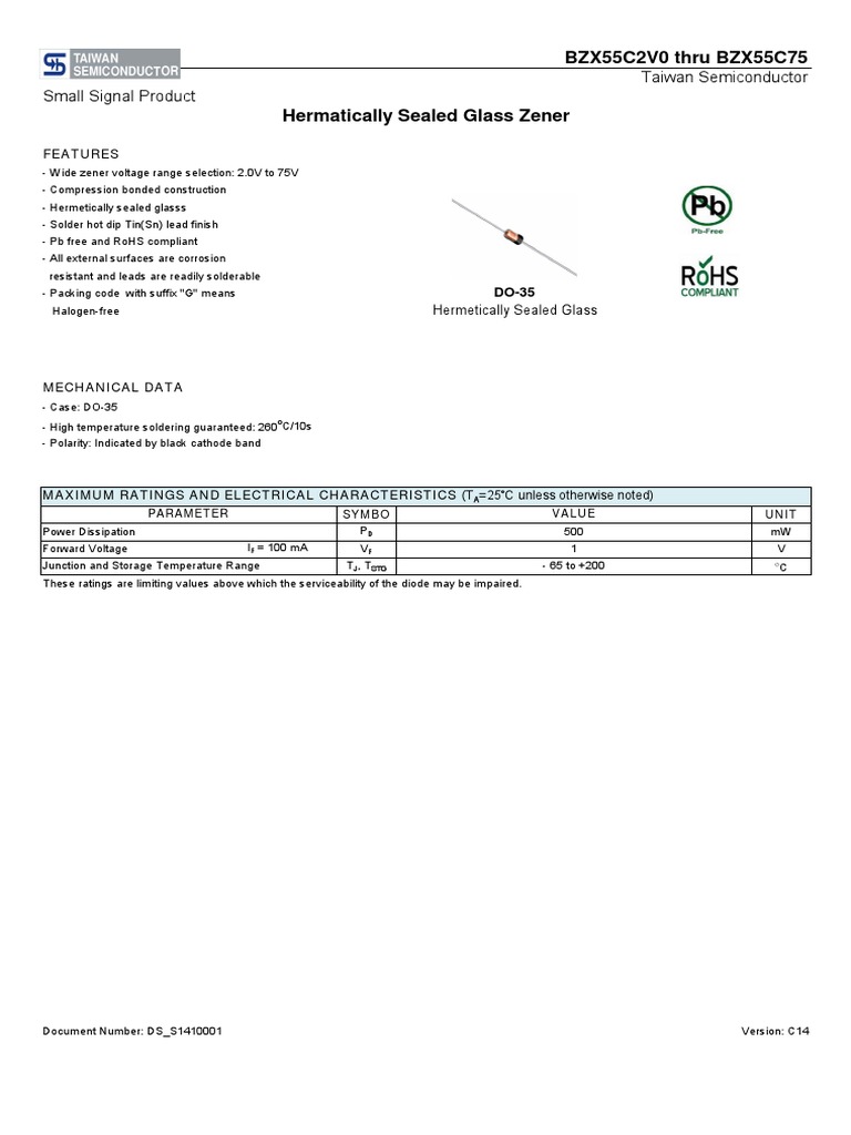 BZX55C2V0 Thru BZX55C75: Small Signal Product Taiwan Semiconductor | PDF | Diode | Electrical ...