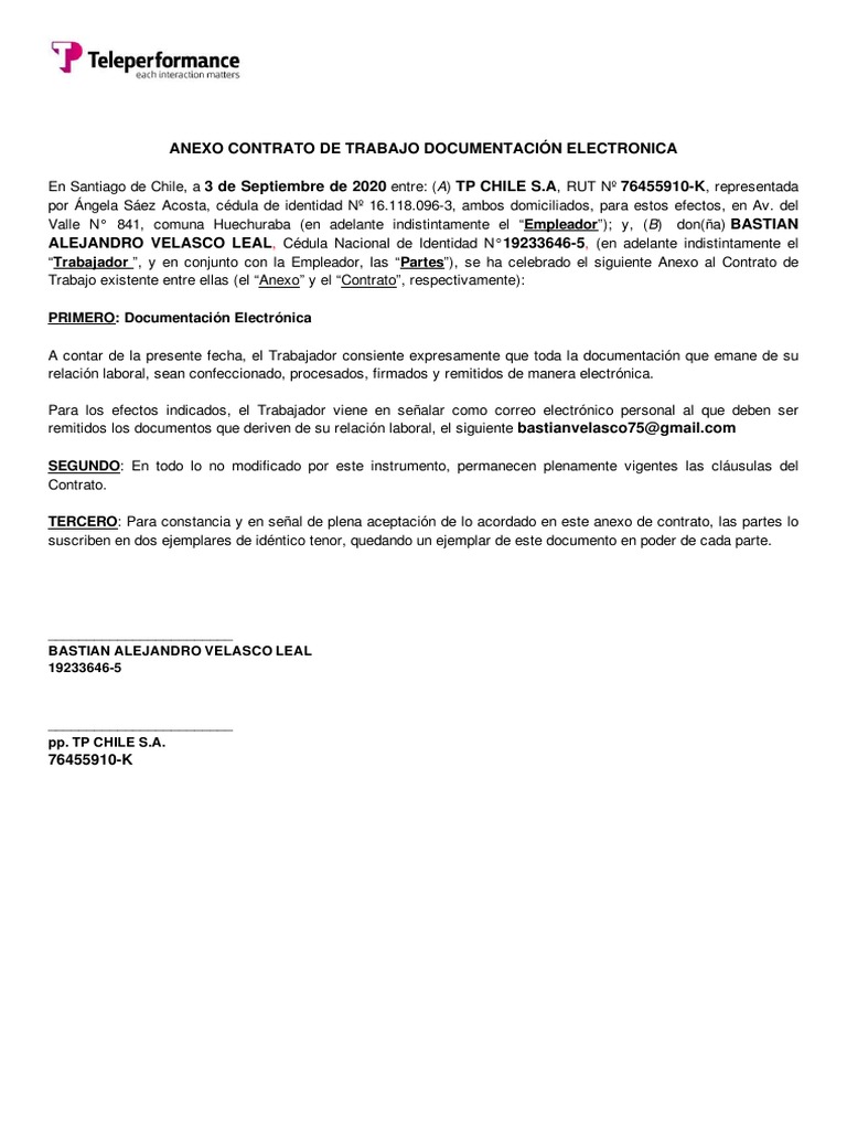 892727-1 Anexo Contrato de Trabajo Documentaci N Electronica TP | PDF