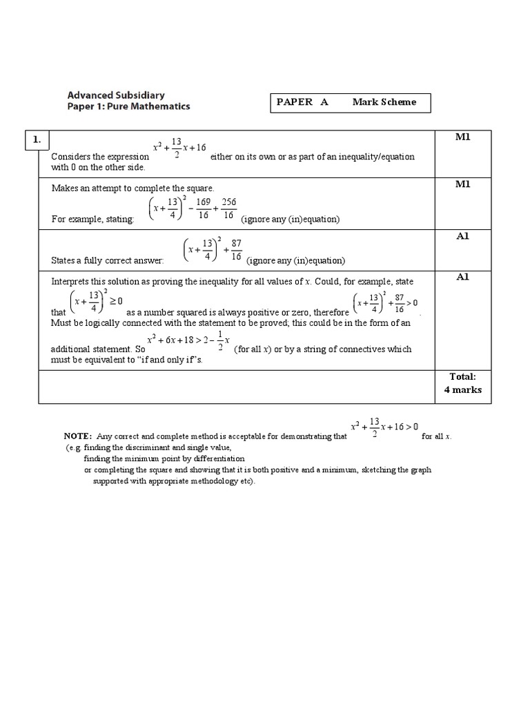 02 AS Pure Mathematics Practice Paper A Mark Scheme | PDF | Sine ...