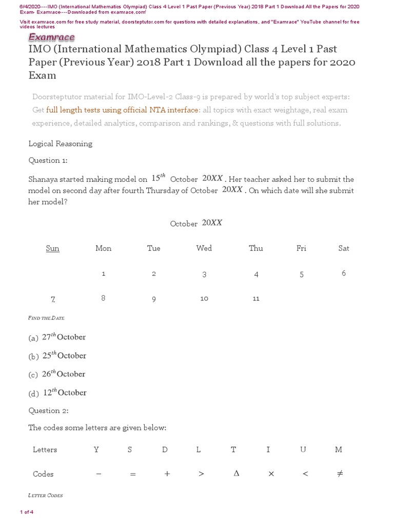 IMO (International Mathematics Olympiad) Class 4 Level 1 Past Paper ...