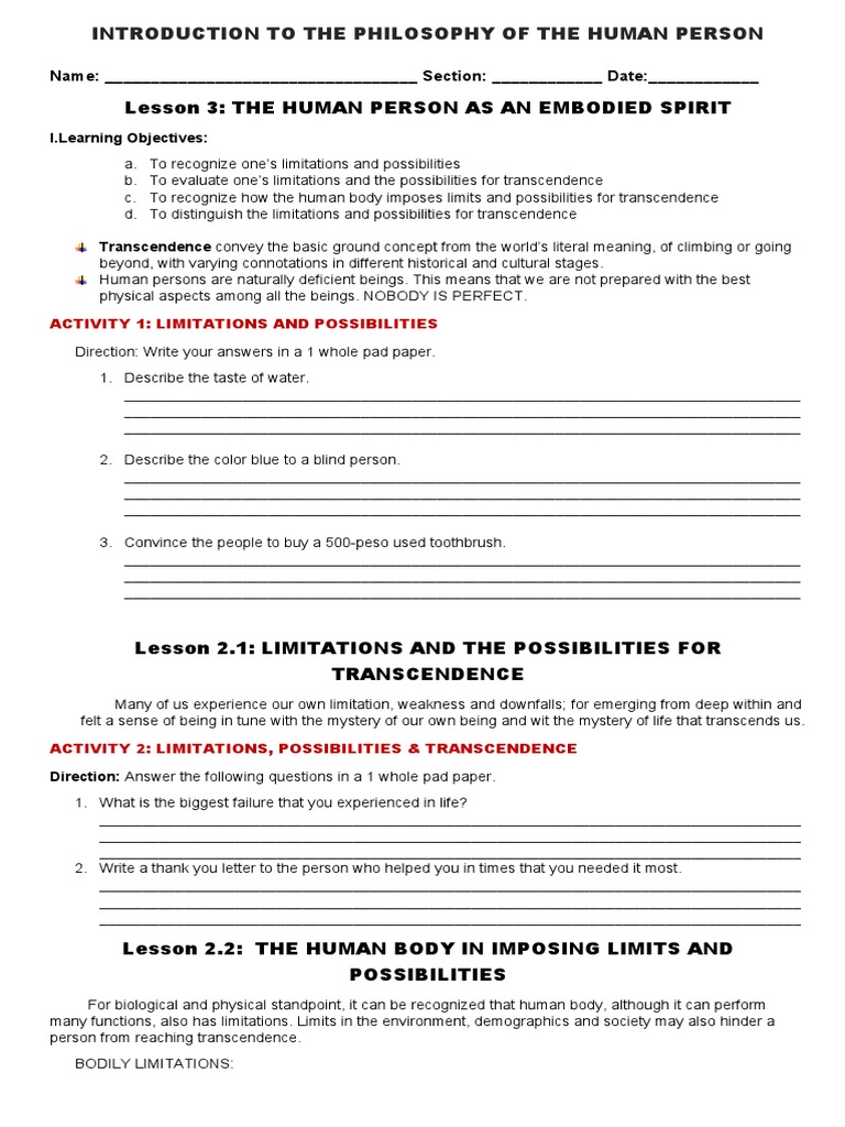 Lesson 3: The Human Person As An Embodied Spirit | PDF | Transcendence ...