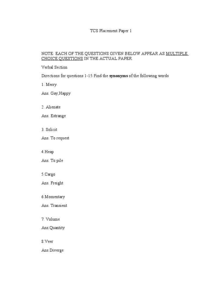 TCS Placement Paper 1 To 14 | PDF | Fraction (Mathematics) | C ...