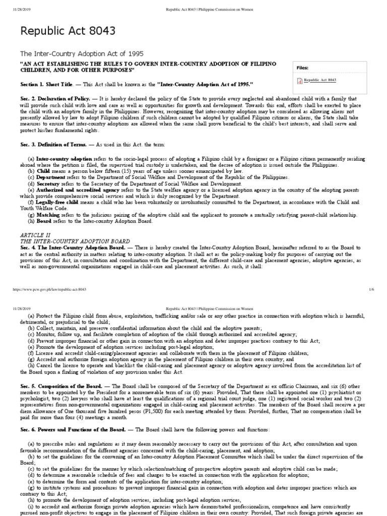 Republic Act 8043 | PDF | Adoption | Child Custody