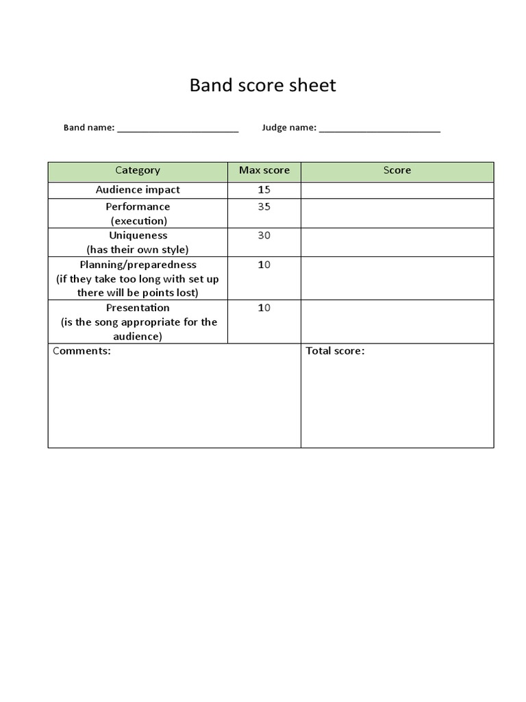 Band Score Sheet: and Name: - Judge Name | PDF