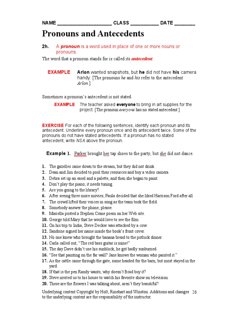 Worksheet 26 Pronouns and Their Antecedents | PDF