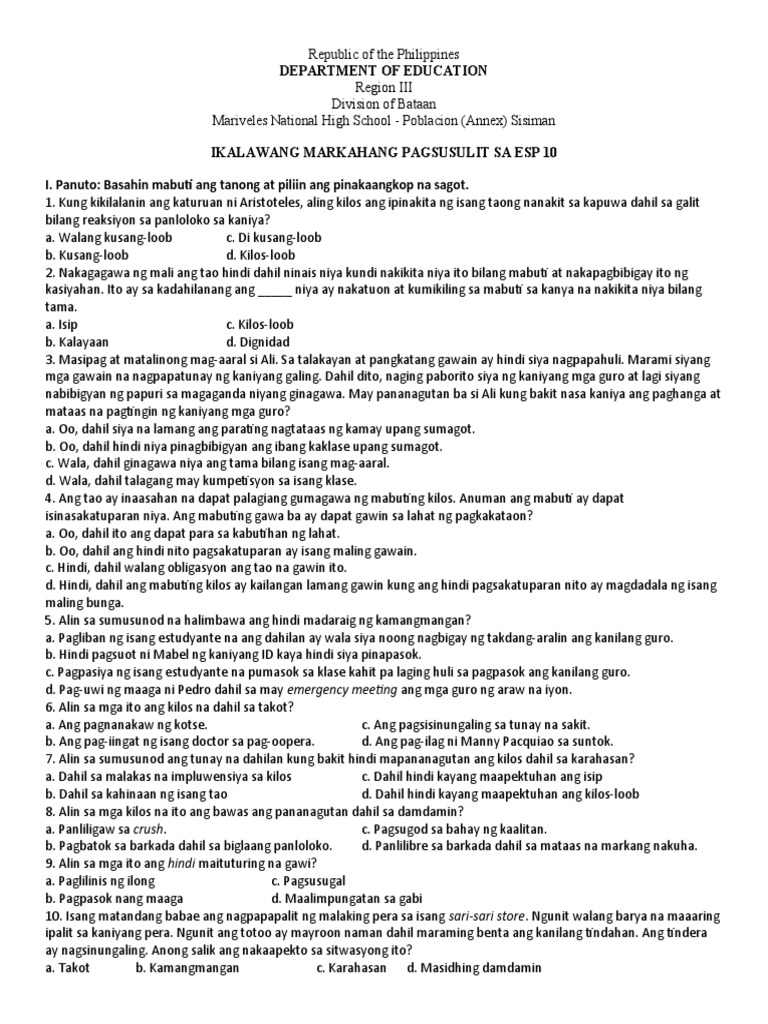 2nd Periodical Test in Esp 10 | PDF