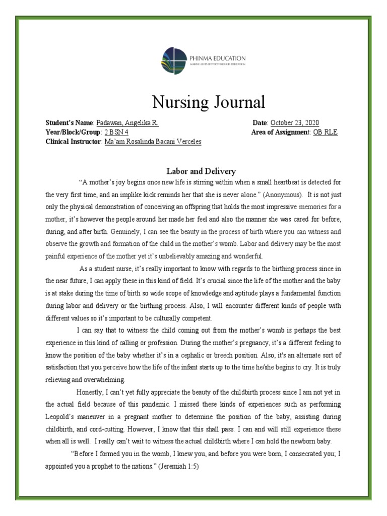 Nursing Journal: Labor and Delivery | PDF | Mother | Childbirth