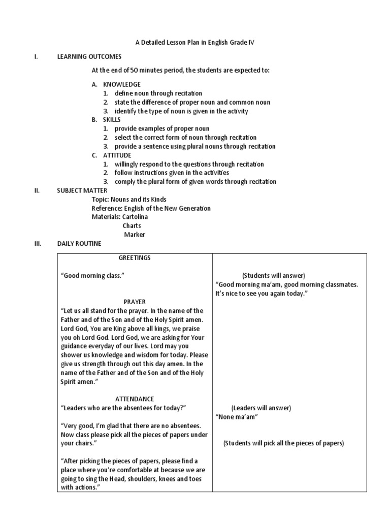A Detailed Lesson Plan in English Grade IV | Download Free PDF | Plural ...