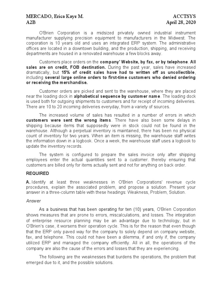 MERCADO, Erica Kaye M. Acctsys A2B April 28, 2020: Answer | PDF ...