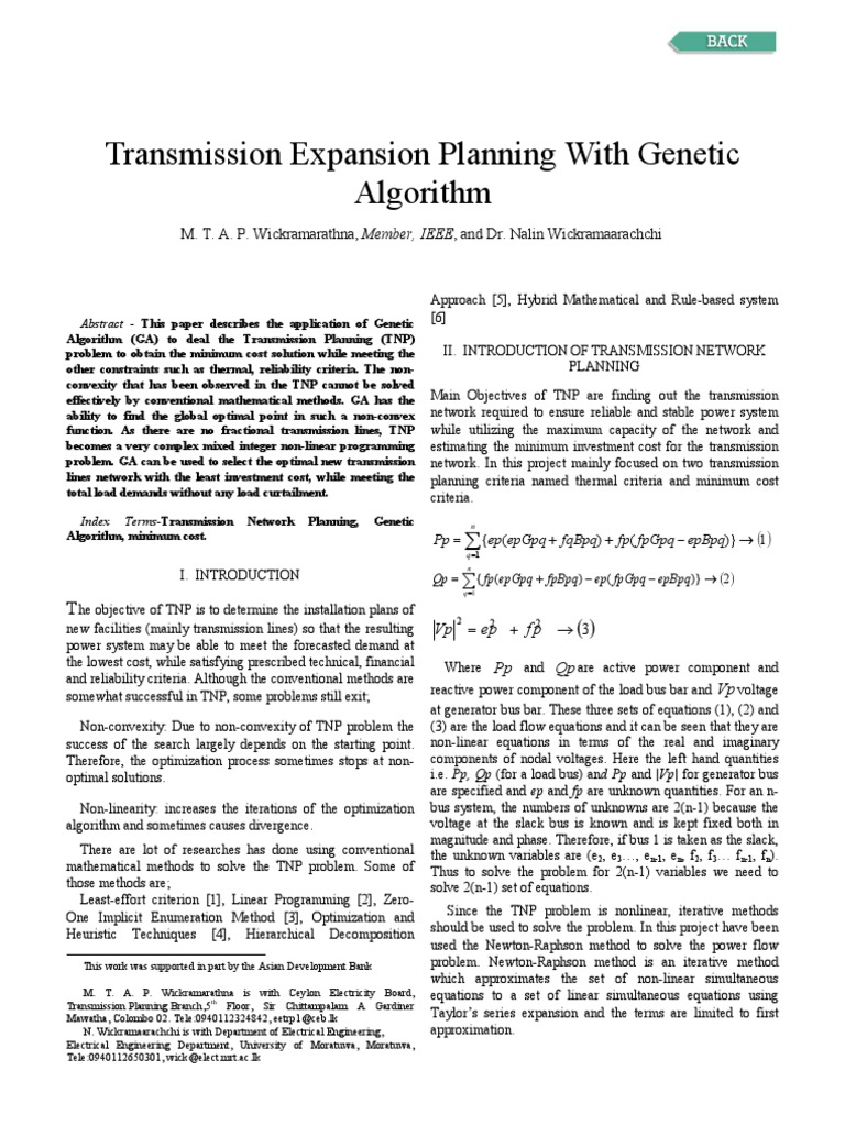 Transmission Expansion Planning With Genetic Algorithm | PDF | Genetic Algorithm | Mathematical ...