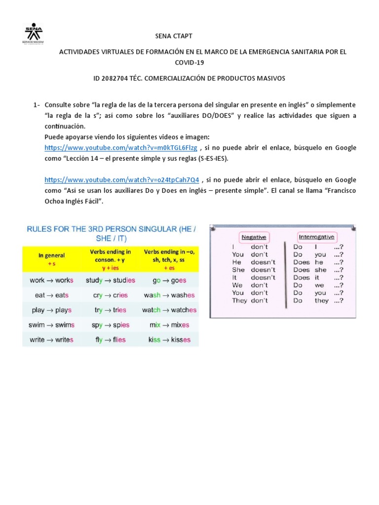 Taller y Ejercicios - Regla de La S y Aux Do Does | PDF | Sintaxis ...