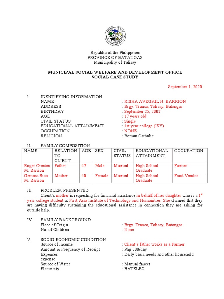 Municipal Social Welfare and Development Office Social Case Study | PDF ...