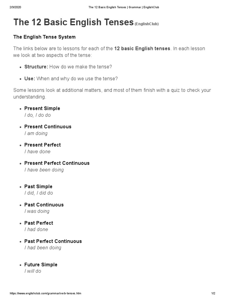 The 12 Basic English Tenses: Structure: How Do We Make The Tense? Use ...