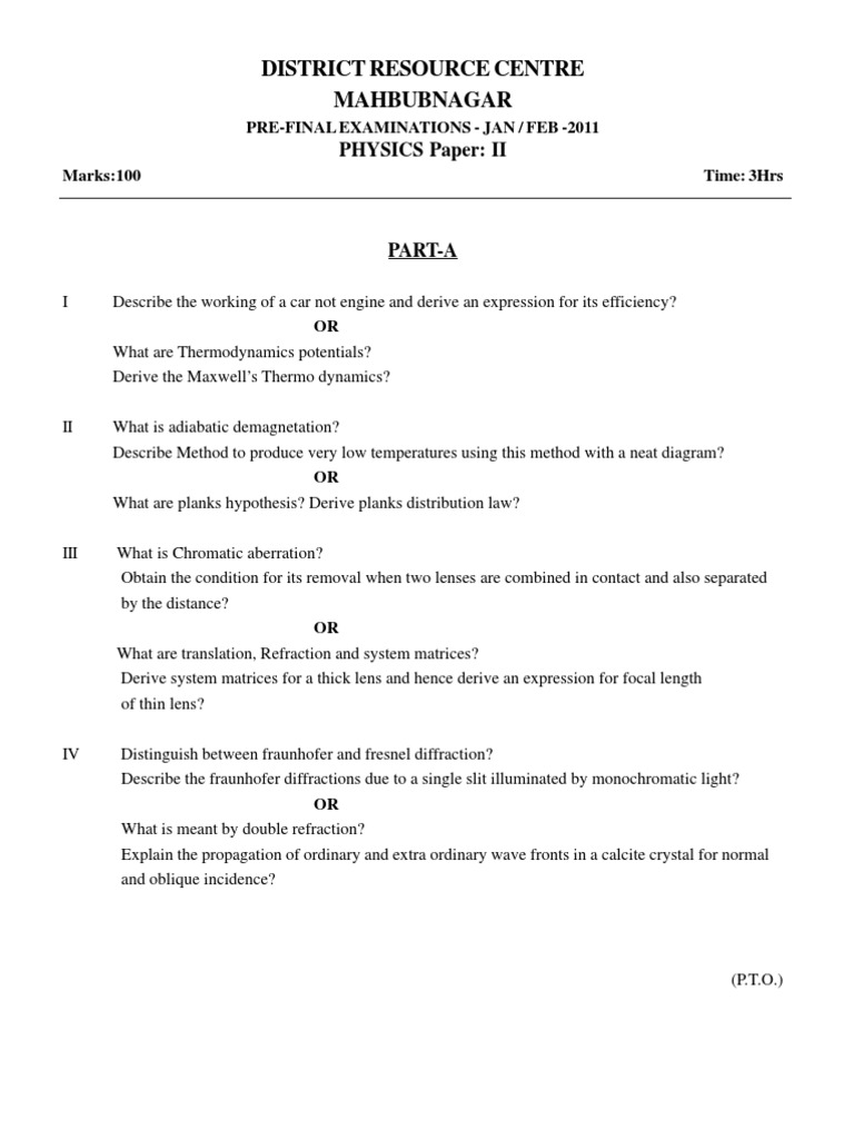 District Resource Centre Mahbubnagar: Physics Paper: Ii | PDF | Lens ...