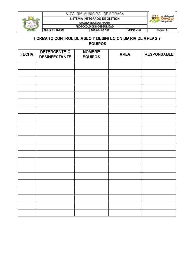 Formato Control de Aseo y Desinfecion Diaria | PDF