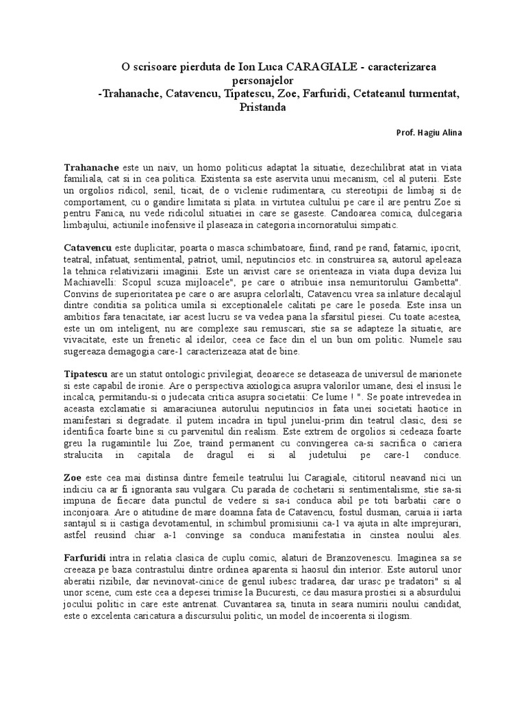 Caracterizare Personaje O Scrisoare Pierdută | PDF