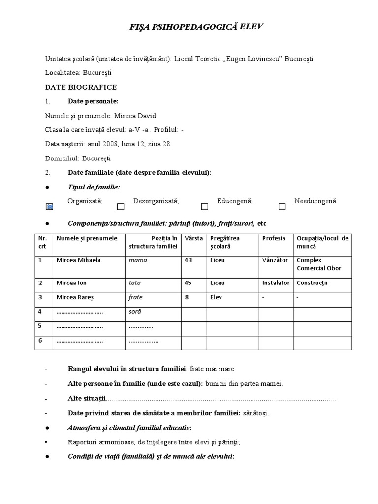 Fisa - Psihopedagogica Elev | PDF