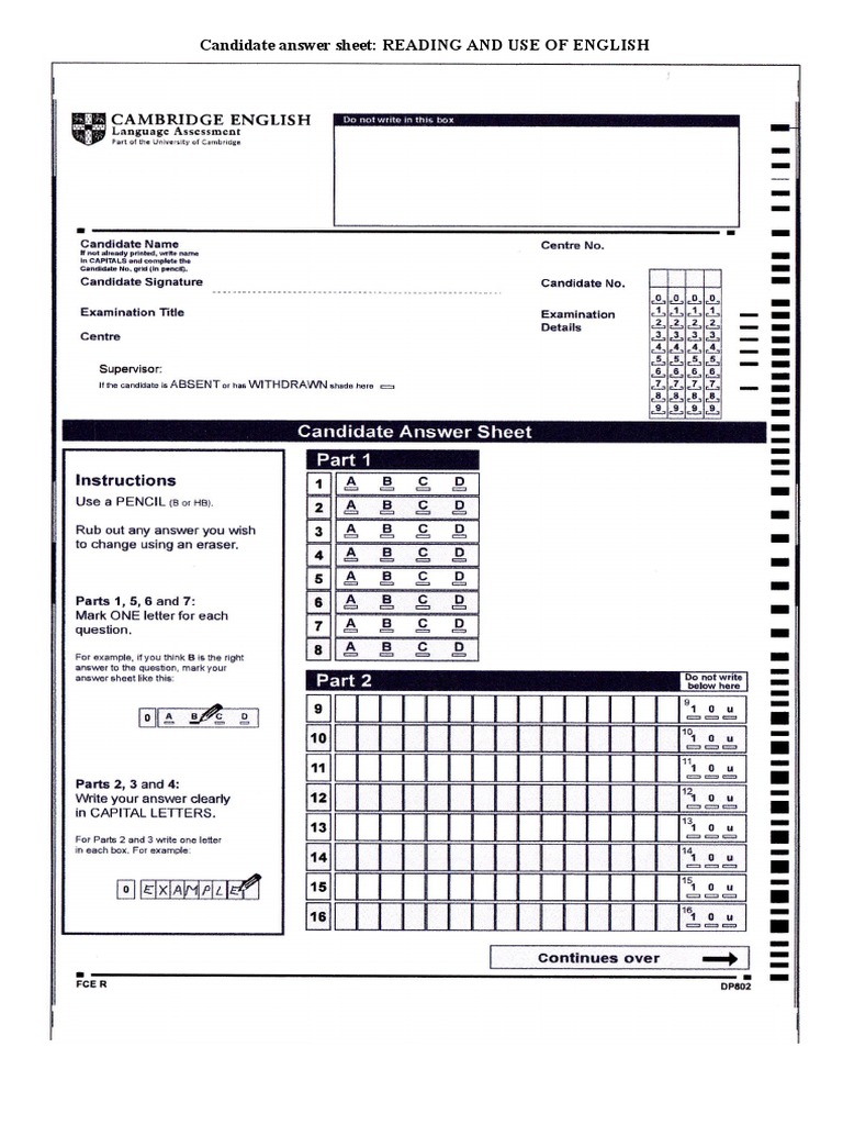 Candidate Answer Sheet: READING AND USE OF ENGLISH | PDF