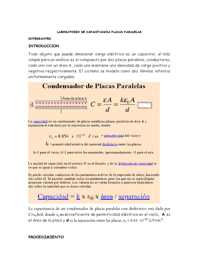 Laboratorio de Capacitancia Placas Paralelas | PDF | Capacidad | Condensador