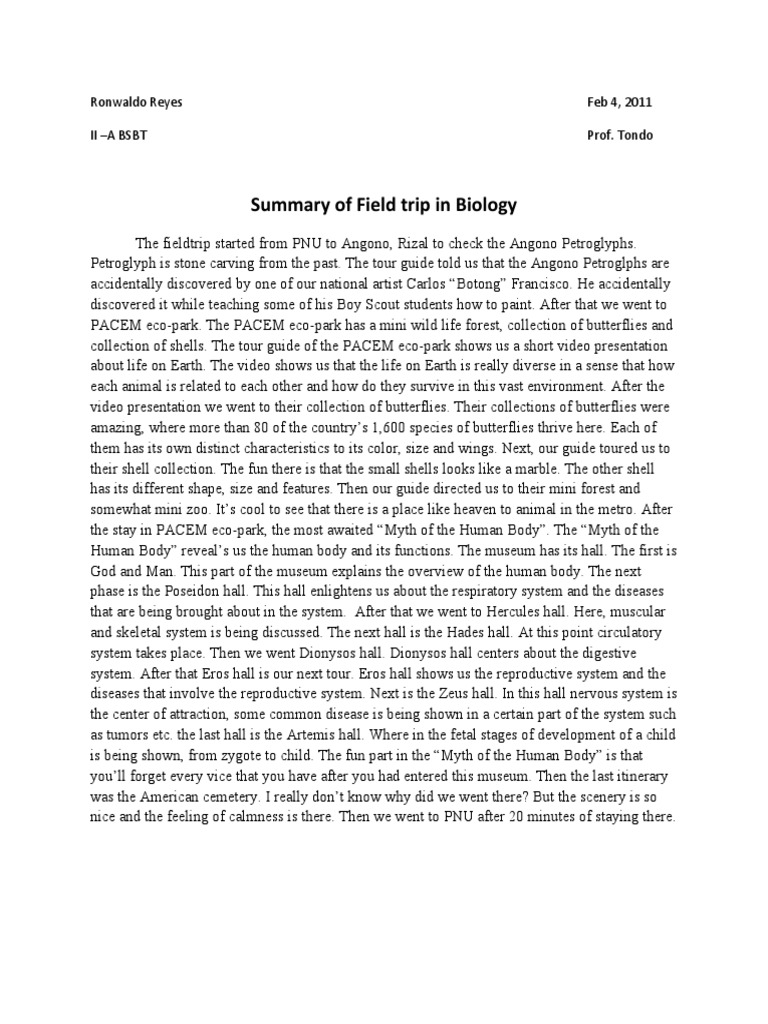 Summary of Field Trip in Biology: Ronwaldo Reyes Feb 4, 2011 Ii - A ...