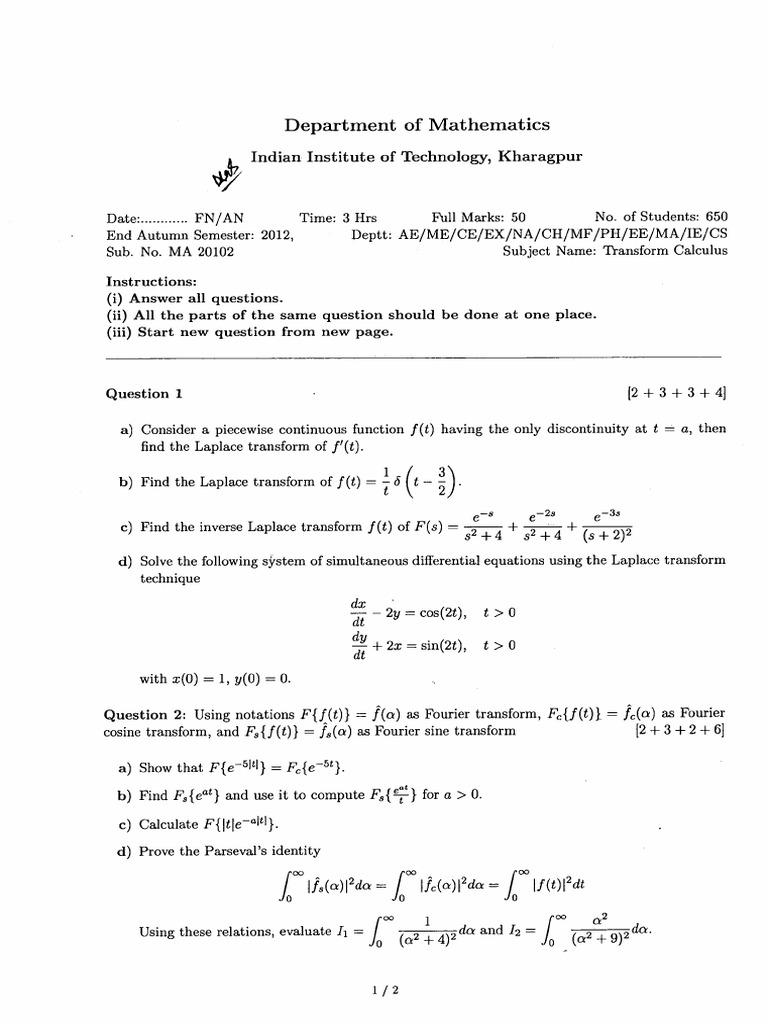 Transform Calculus | PDF | Fourier Transform | Trigonometric Functions