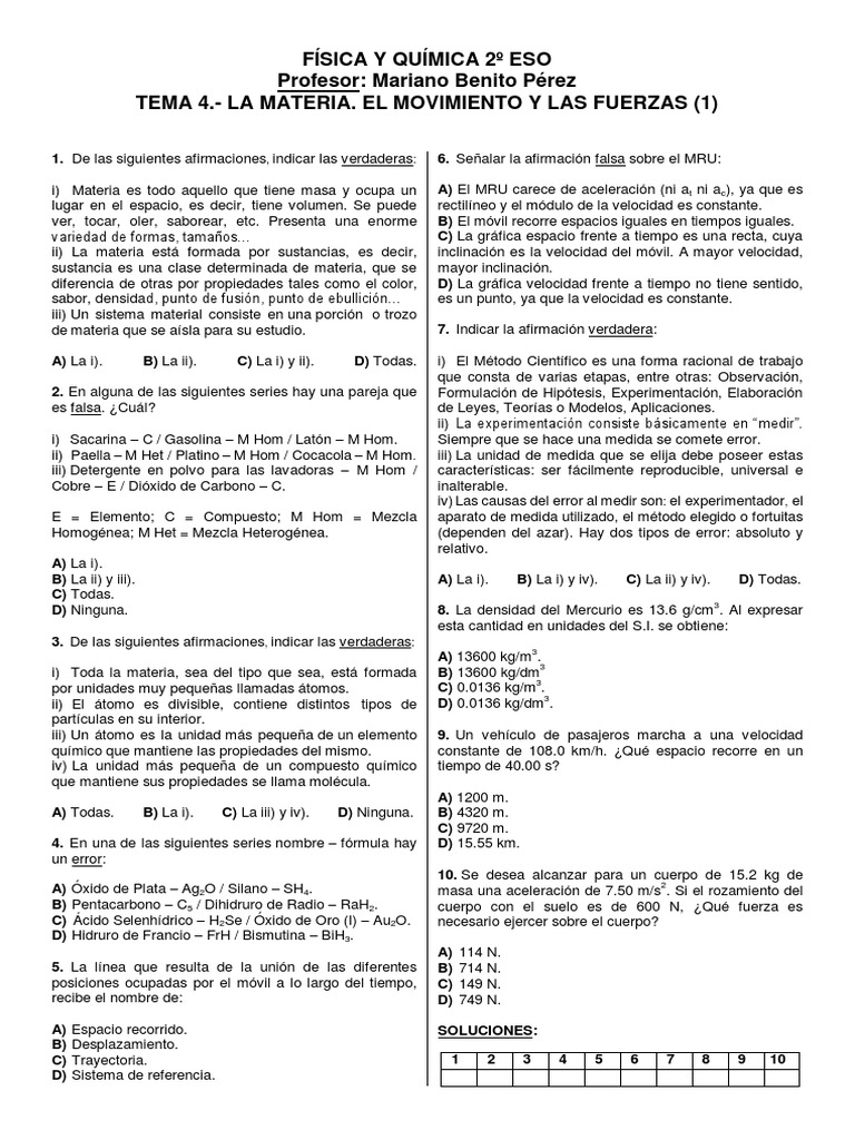 Tema 4. - La Materia. El Movimiento y Las Fuerzas. TEST. | PDF ...