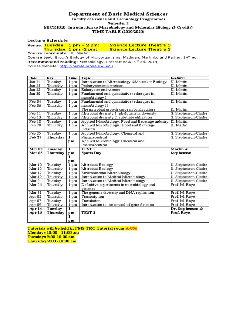 MICR1010 Timetable Sem 2 2019 - 20 | PDF | Microorganism | Microbiology