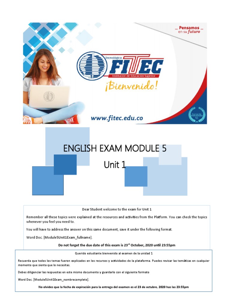 English Exam Module 5 Unit 1: Do Not Forget The Due Date of This Exam ...