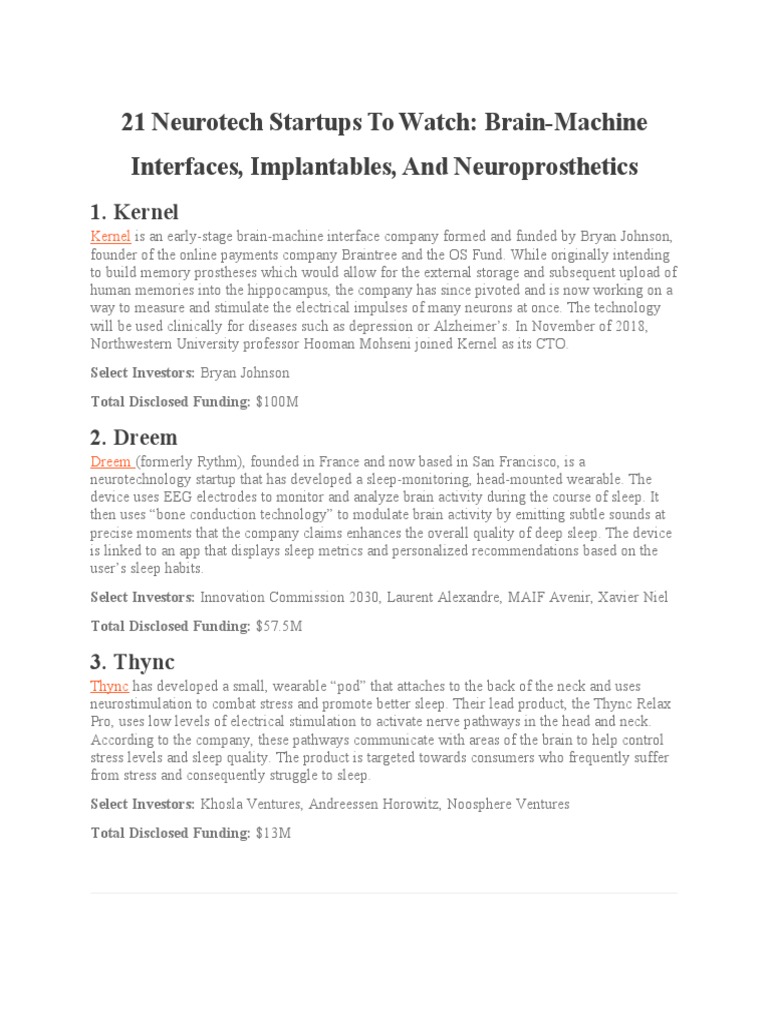 21 Neurotech Startups To Watch | PDF | Prosthesis | Electroencephalography