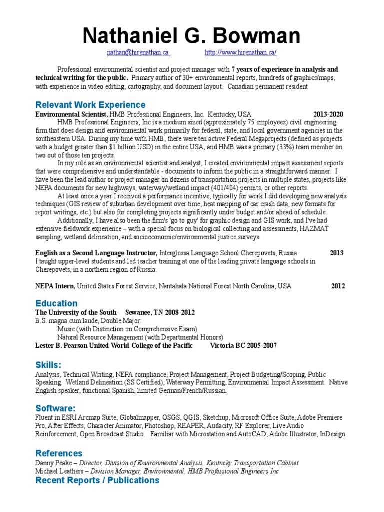 Nathaniel G. Bowman: Relevant Work Experience | PDF